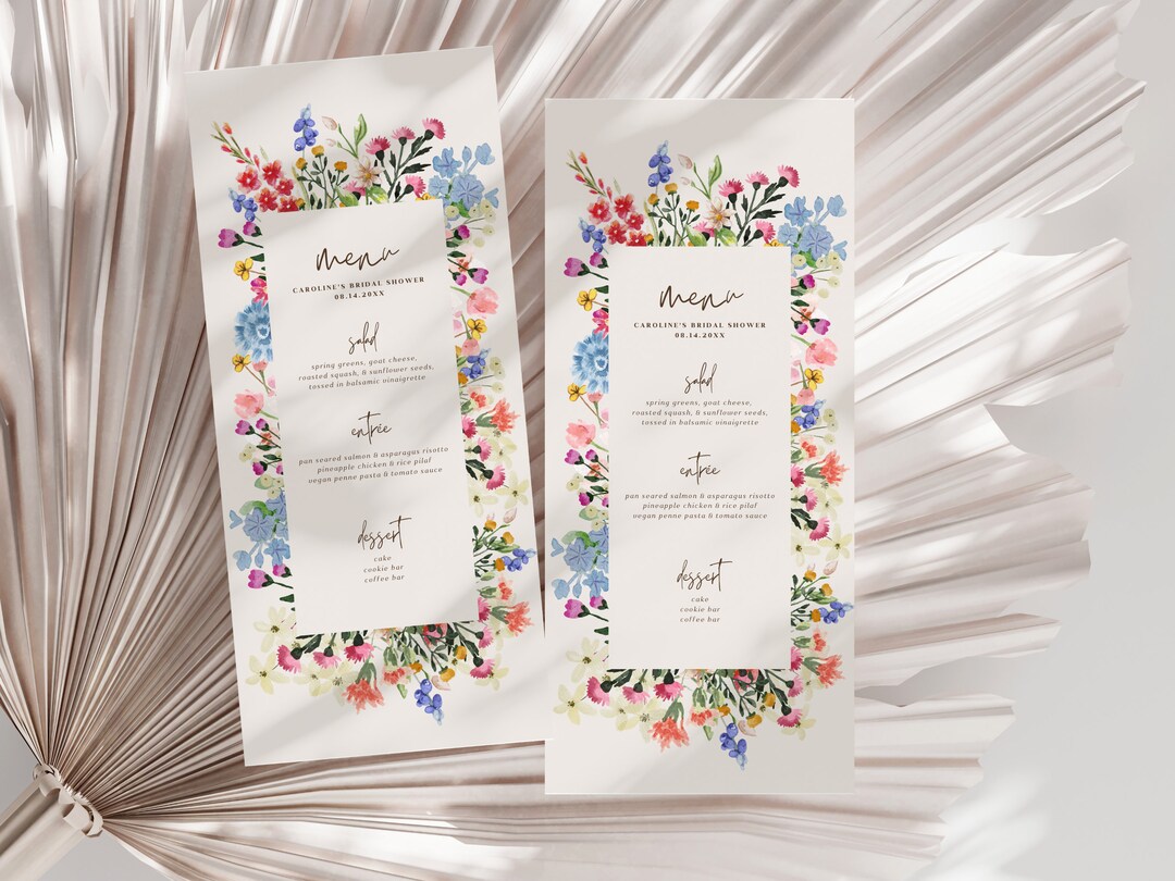 Wildflower Bridal Shower Menu Template, Boho Floral Garden Party Table ...
