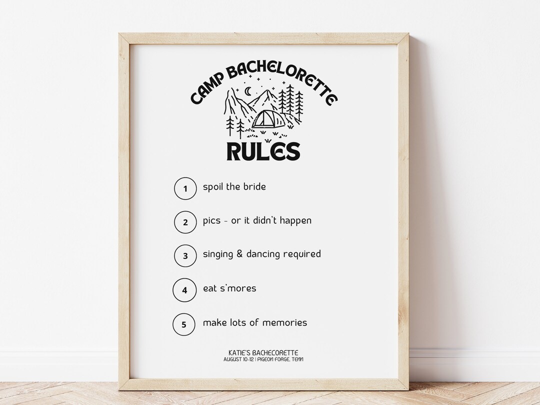 Camp Bachelorette Party Camp Rules Sign Template Retro Camping ...