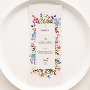 Pink Girls Baptism Menu Card Template, Editable Rustic Wildflower ...