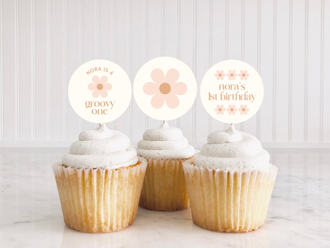Groovy One Birthday Cupcake Toppers Template, Editable One Groovy Baby ...