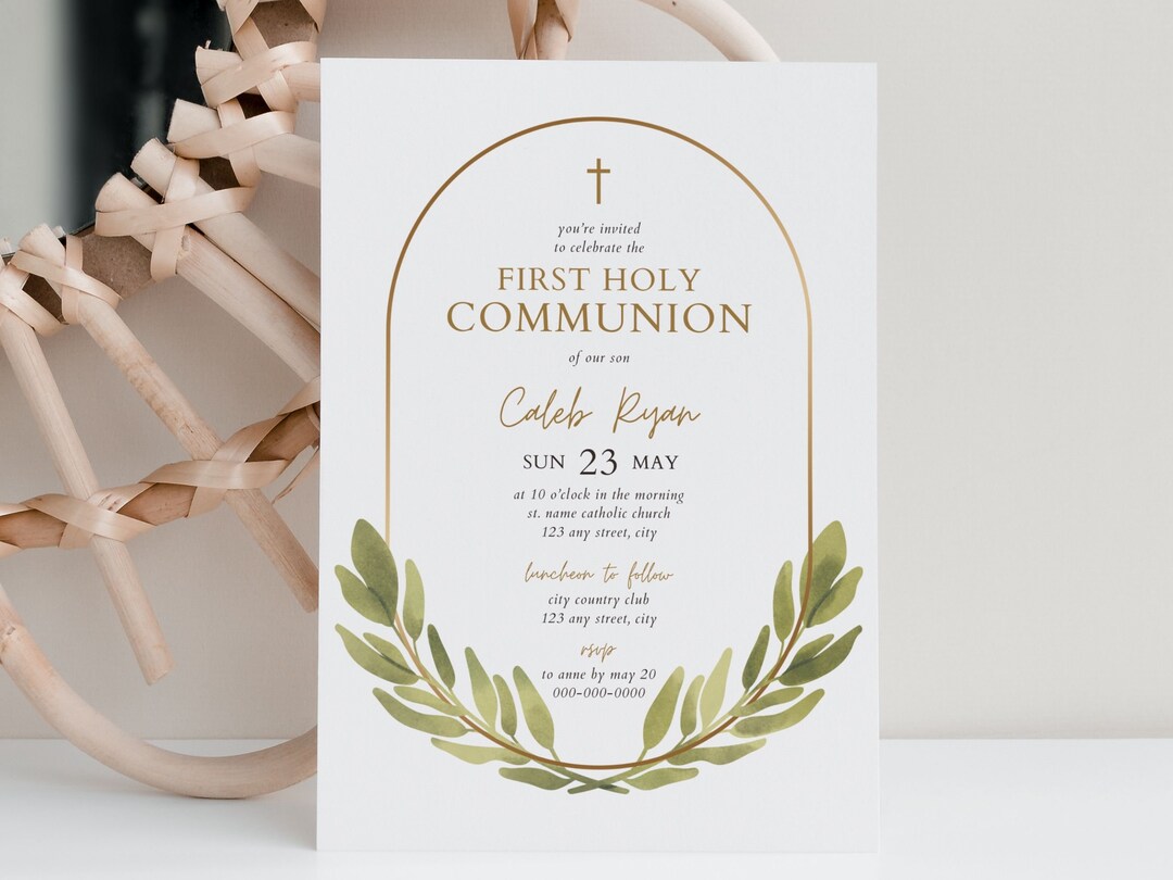 Greenery First Communion Invitation Template for a Boy, Modern 1st Holy ...