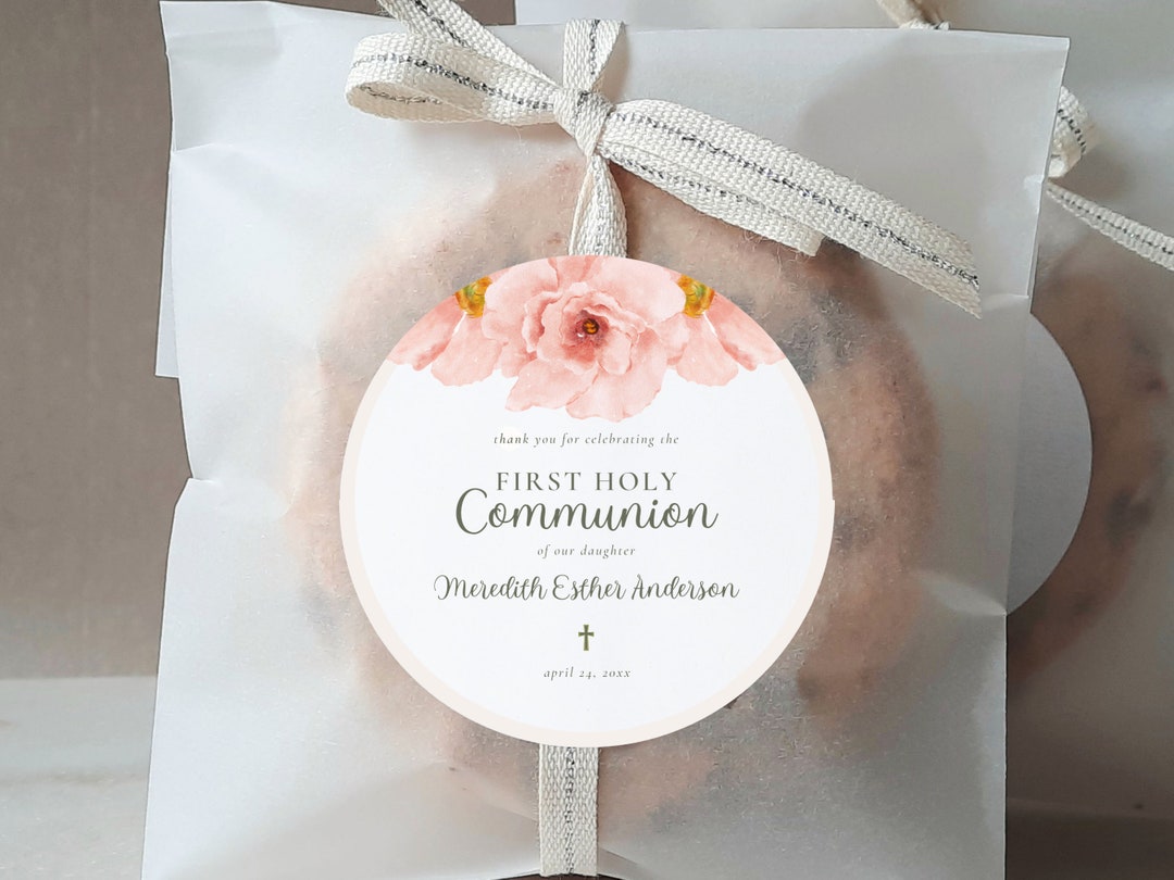 Pink Floral First Communion Circle Favors Stickers Template Custom ...