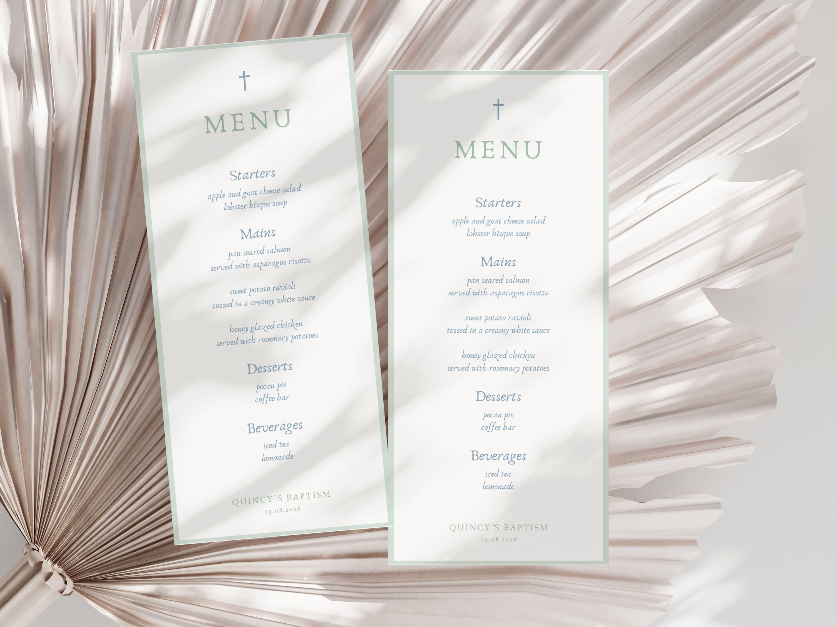 Spring Baptism Menu Card Template, Editable Rustic Blue Green ...