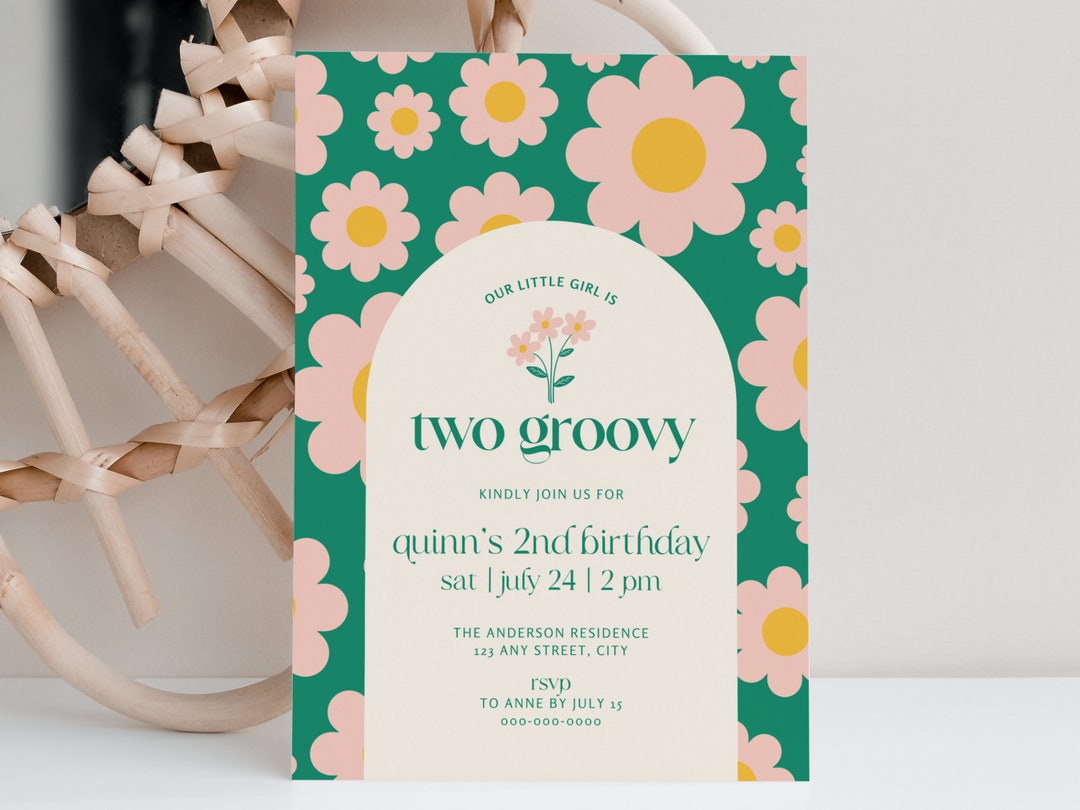 Two Groovy Birthday Party Invitation Template, Boho Daisy Theme 2nd ...