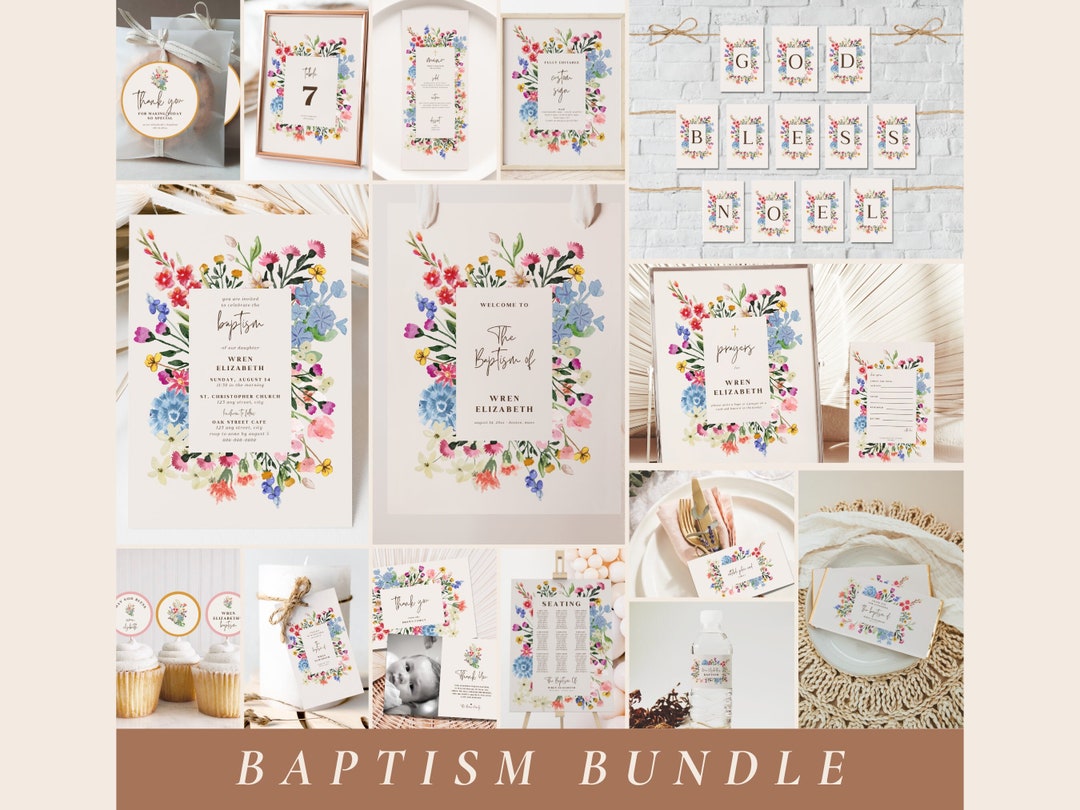 Pink Girls Baptism Invitation Bundle Template, Editable Wildflower Christening Mobile ...