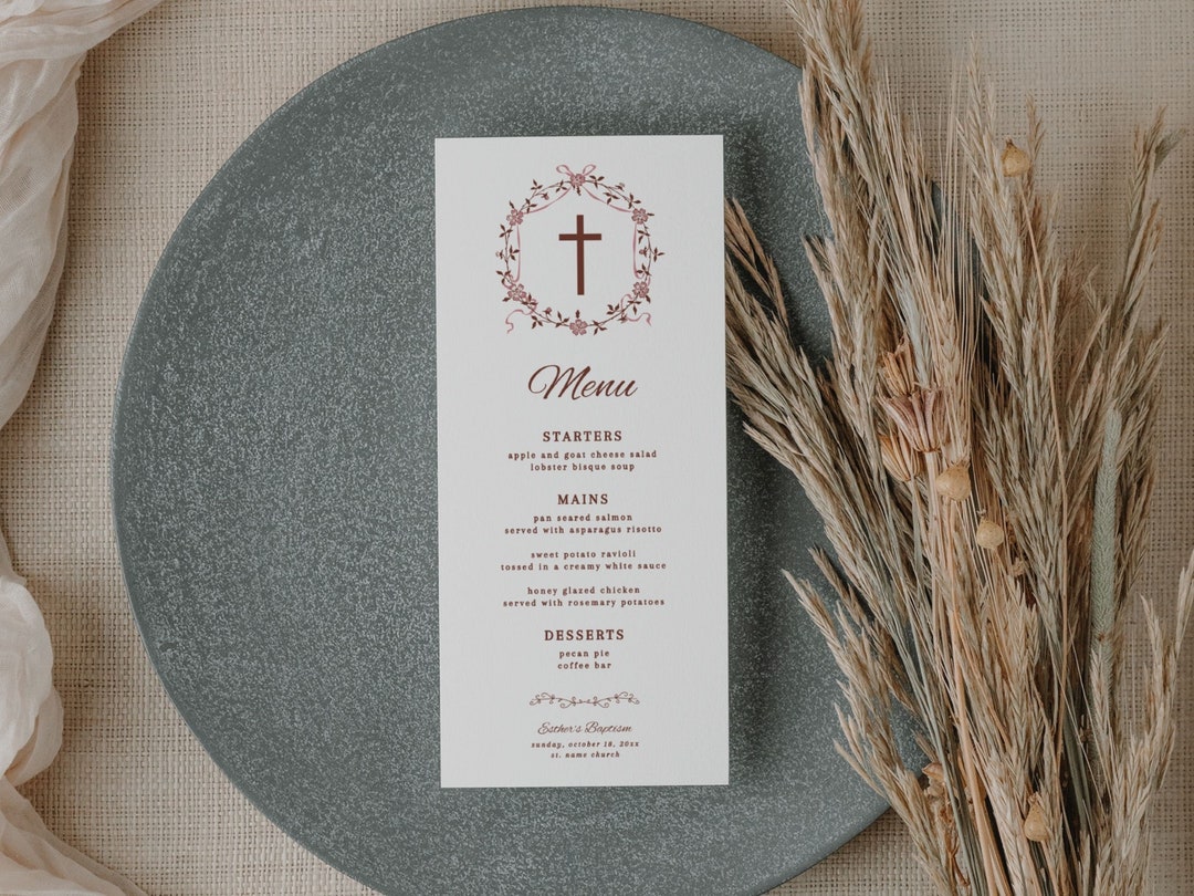 Fall Coquette Girls Baptism Menu Card Template, Editable Pink Bow ...