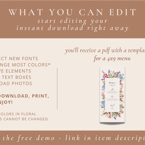 Pink Girls Baptism Menu Card Template, Editable Rustic Wildflower ...