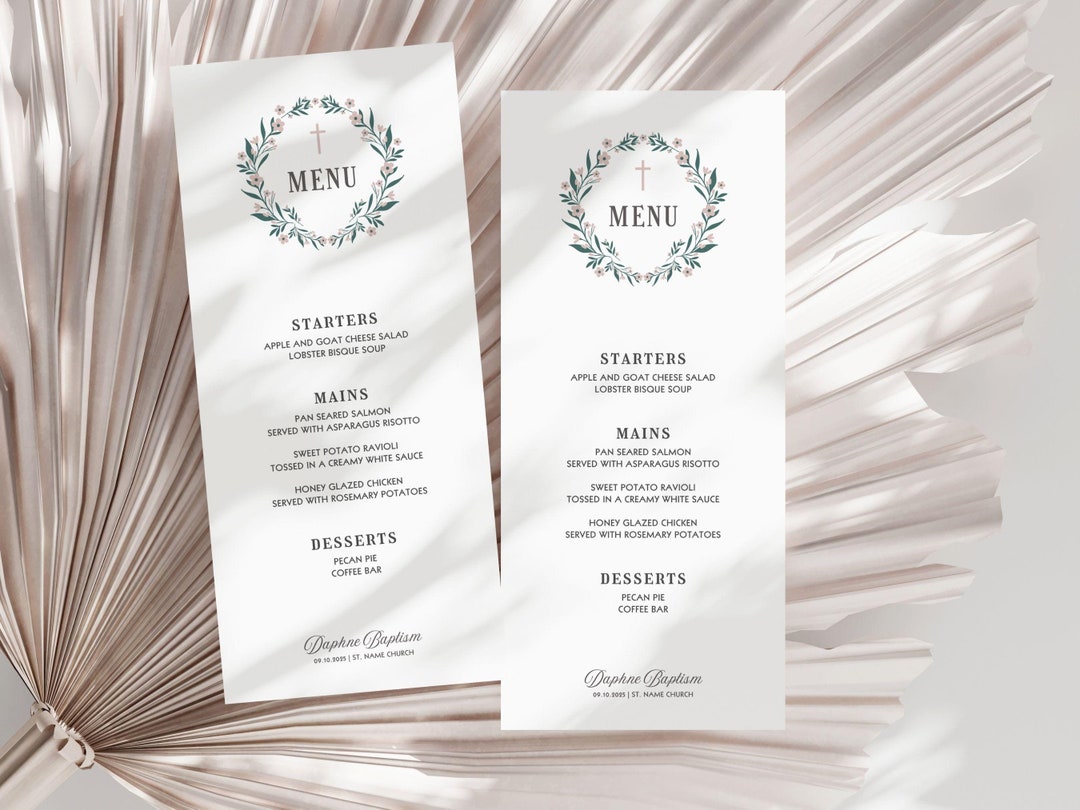 Baptism Menu Card Template, Editable Cute Wildflower Christening Menus ...