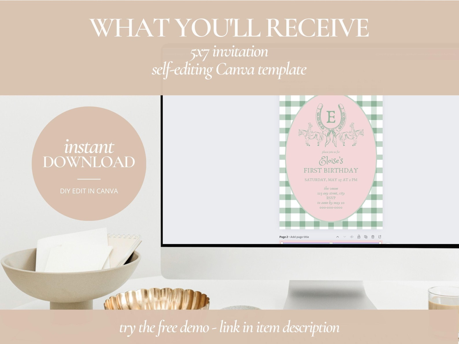 Preppy Horse First Birthday Invitation Template, Editable Girls Pony ...