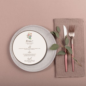 Round Wildflower Wedding Menu Template, DIY Editable Circle Menu Card ...