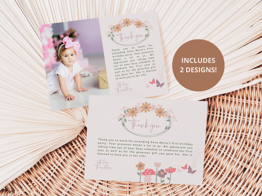 Fairy First Birthday Thank You Note Card Template, Woodland Fairy ...