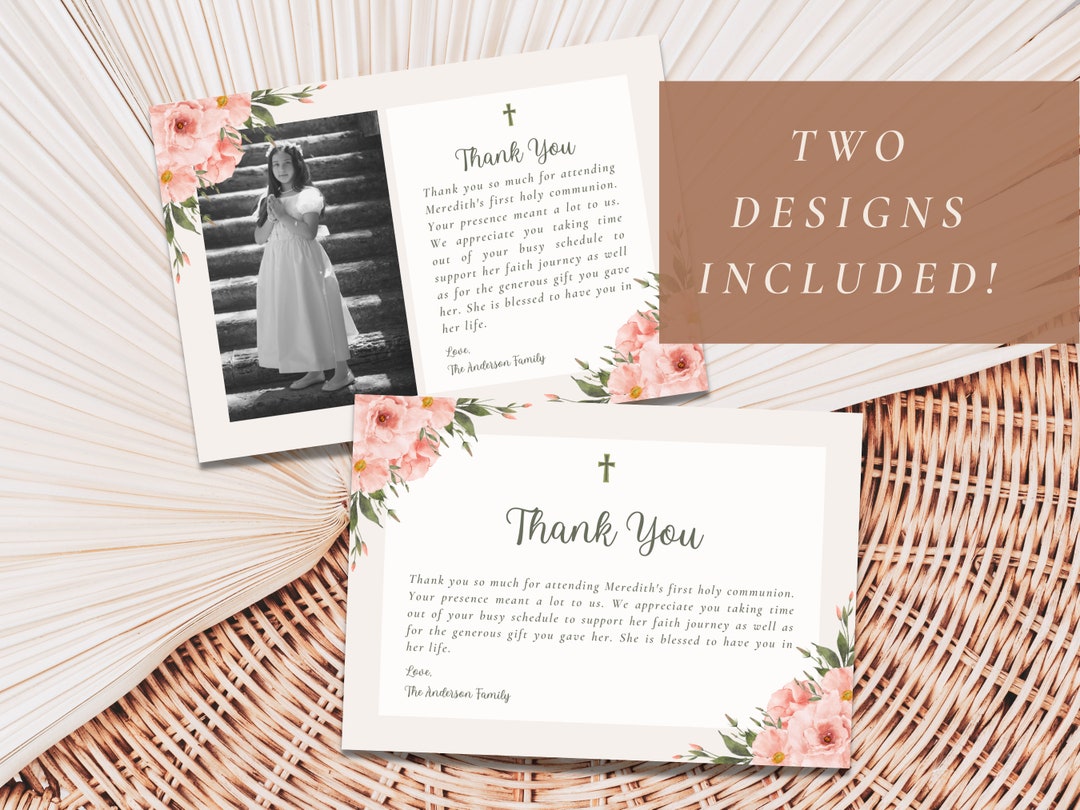 Pink Floral First Communion Thank You Card Template Printable 1st ...