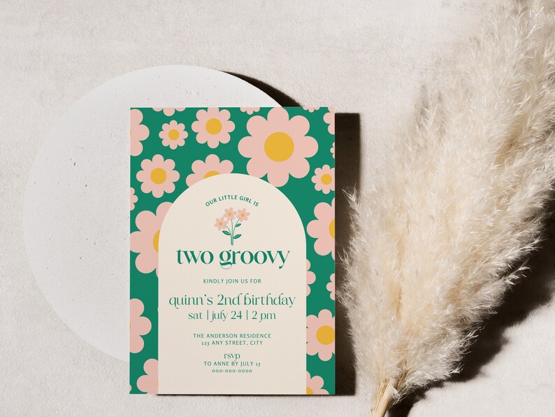 Two Groovy Birthday Party Invitation Template Boho Daisy - Etsy