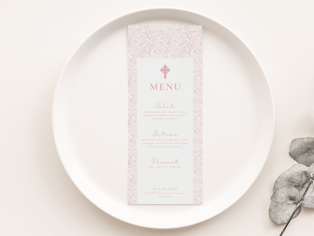 Floral First Communion Menu Template, Custom Printable 1st Communion ...