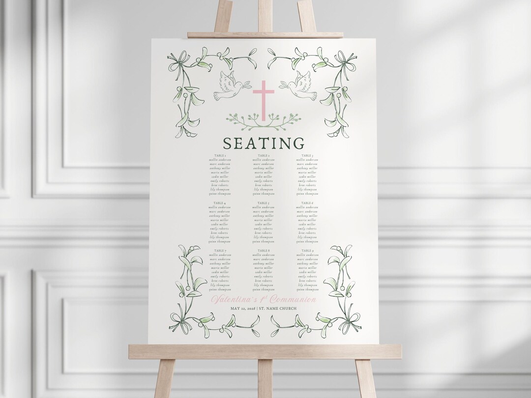Pink Girls First Communion Seating Chart Editable Template, Printable ...