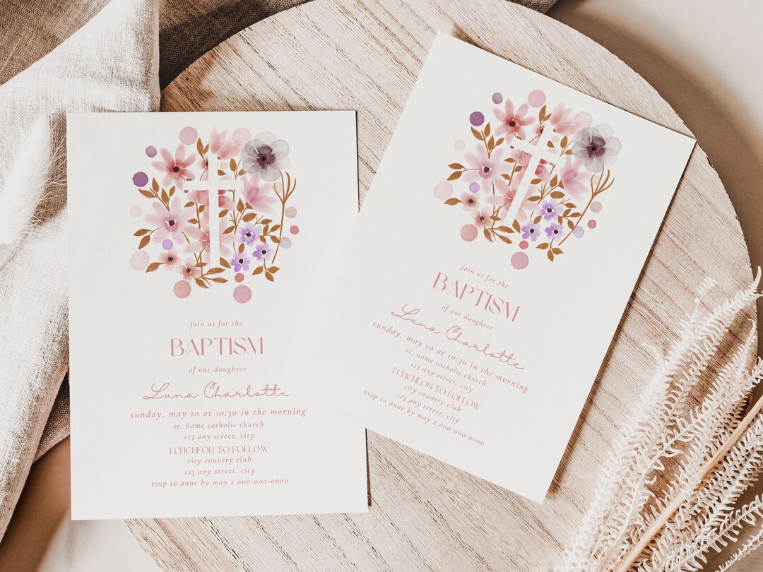 Wildflower Baptism Invitation Template, Printable Floral Christening ...