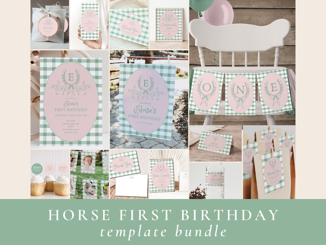 Preppy Horse First Birthday Invitation Template Bundle, Editable Girls ...