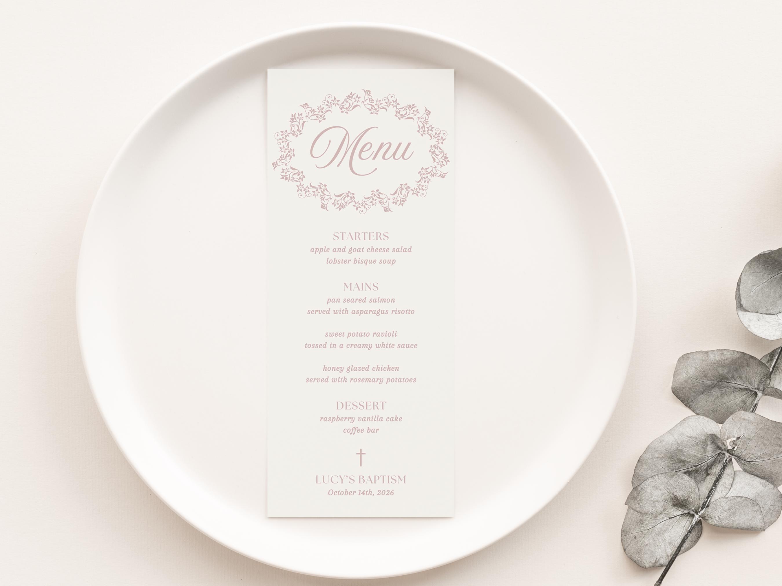 Pink Girls Baptism Menu Card Template, Editable Floral Christening Flat ...