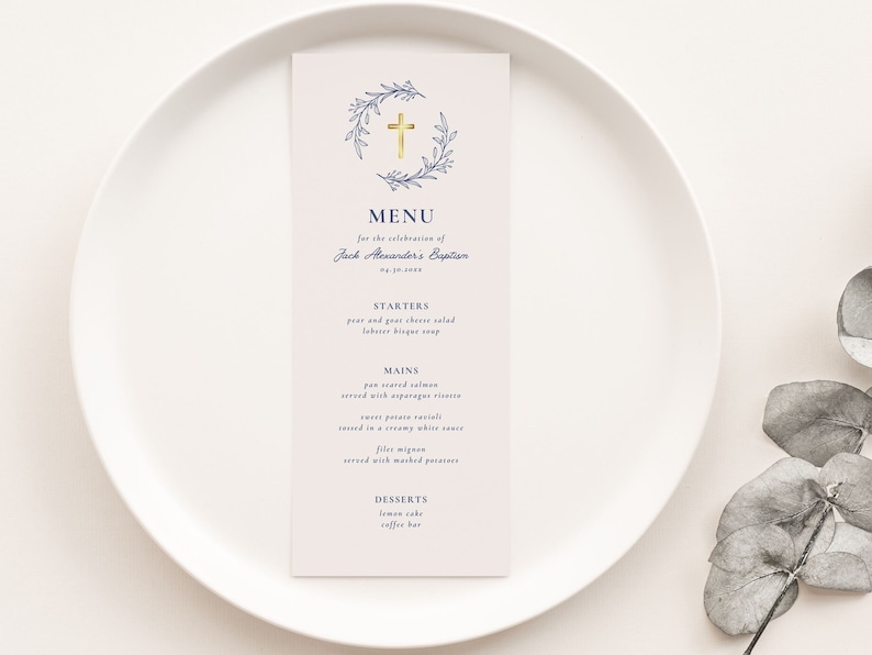 Blue Baptism Menu Card Template, Christening Party Editable Menus Cards ...