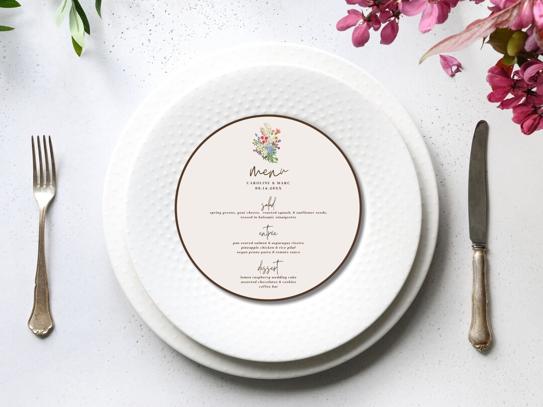 Round Wildflower Wedding Menu Template, DIY Editable Circle Menu Card ...