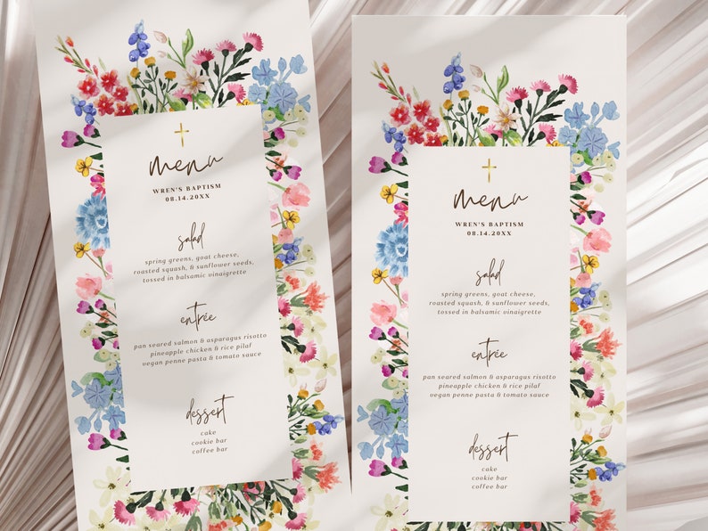 Pink Girls Baptism Menu Card Template, Editable Rustic Wildflower ...