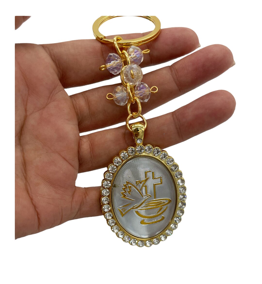 12 Dove Cross Gold Party Favor Keychain Charm Keyring, Rhinestone Bling ...