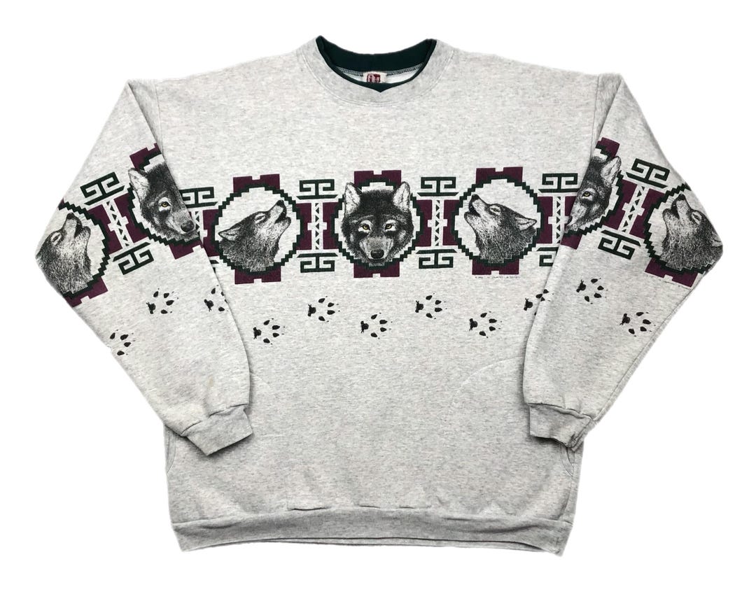 Vintage 90s Wolf Portrait All Over Print Made in USA Nature Crewneck ...