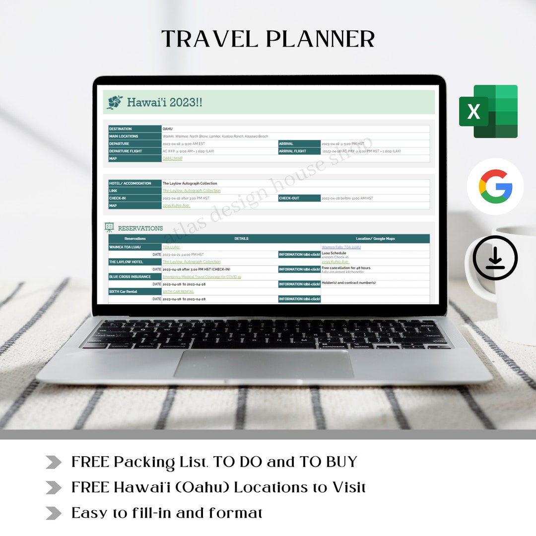 TRAVEL Planner 2023 Google Drive Google Sheets Excel Pre-filled Options ...