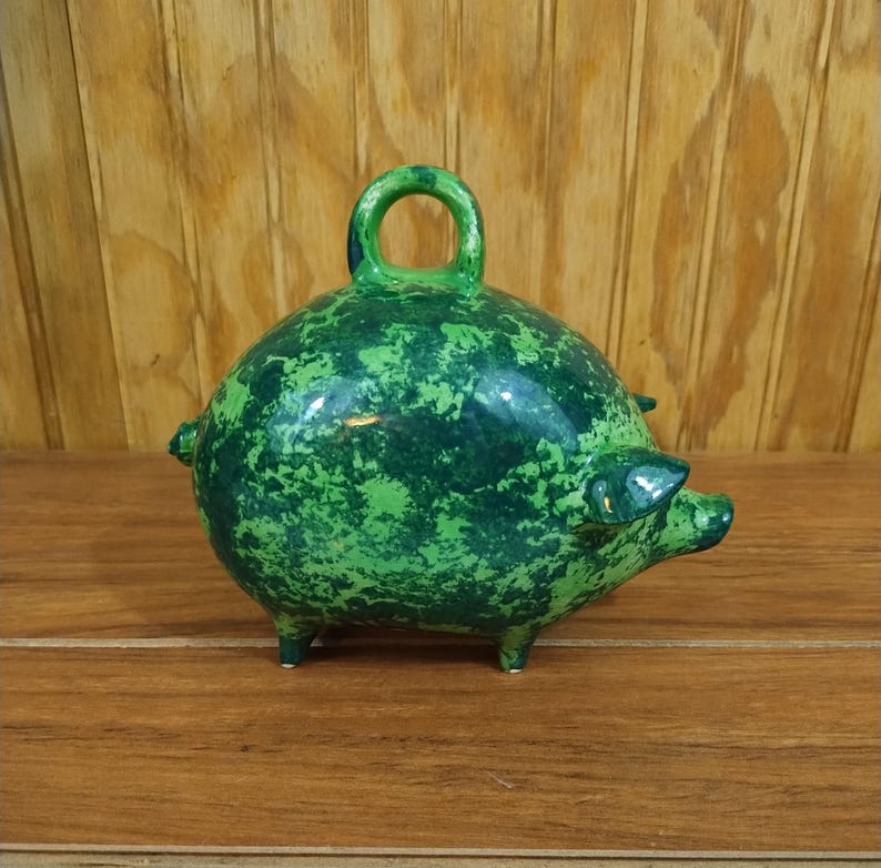 70s Ceramic Green Drip Glaze Piggy Bank With Handle - Etsy
