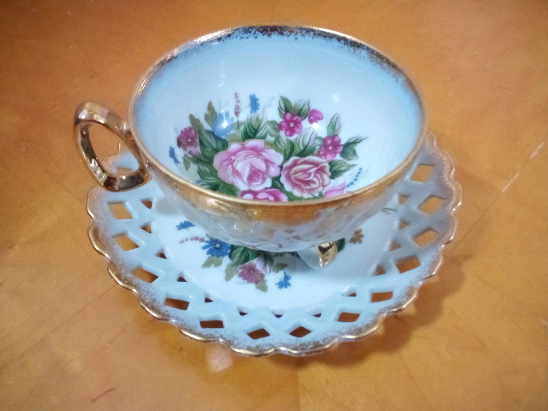40s Gilt Edged Rose Design Porcelain Cup & Saucer Set / Diamond Punch ...