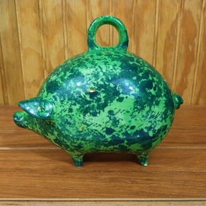 70s Ceramic Green Drip Glaze Piggy Bank With Handle - Etsy
