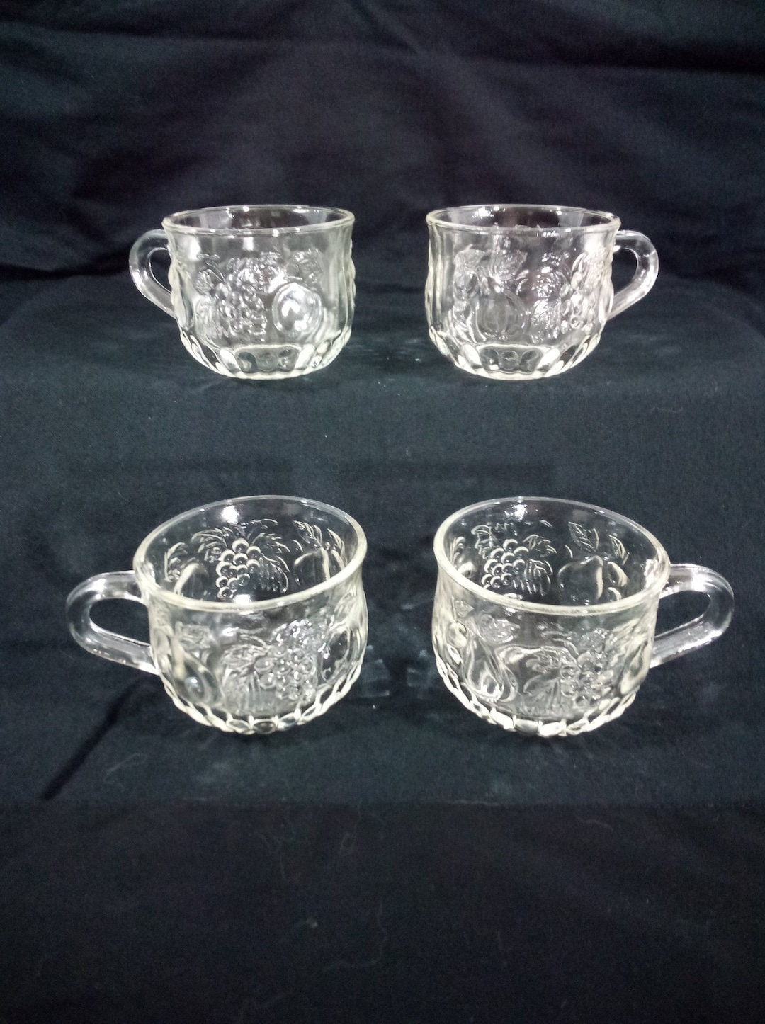 JEANNETTE Clear Glass Punch Bowl Cups / Set of 4 / Grapes, Apples and ...