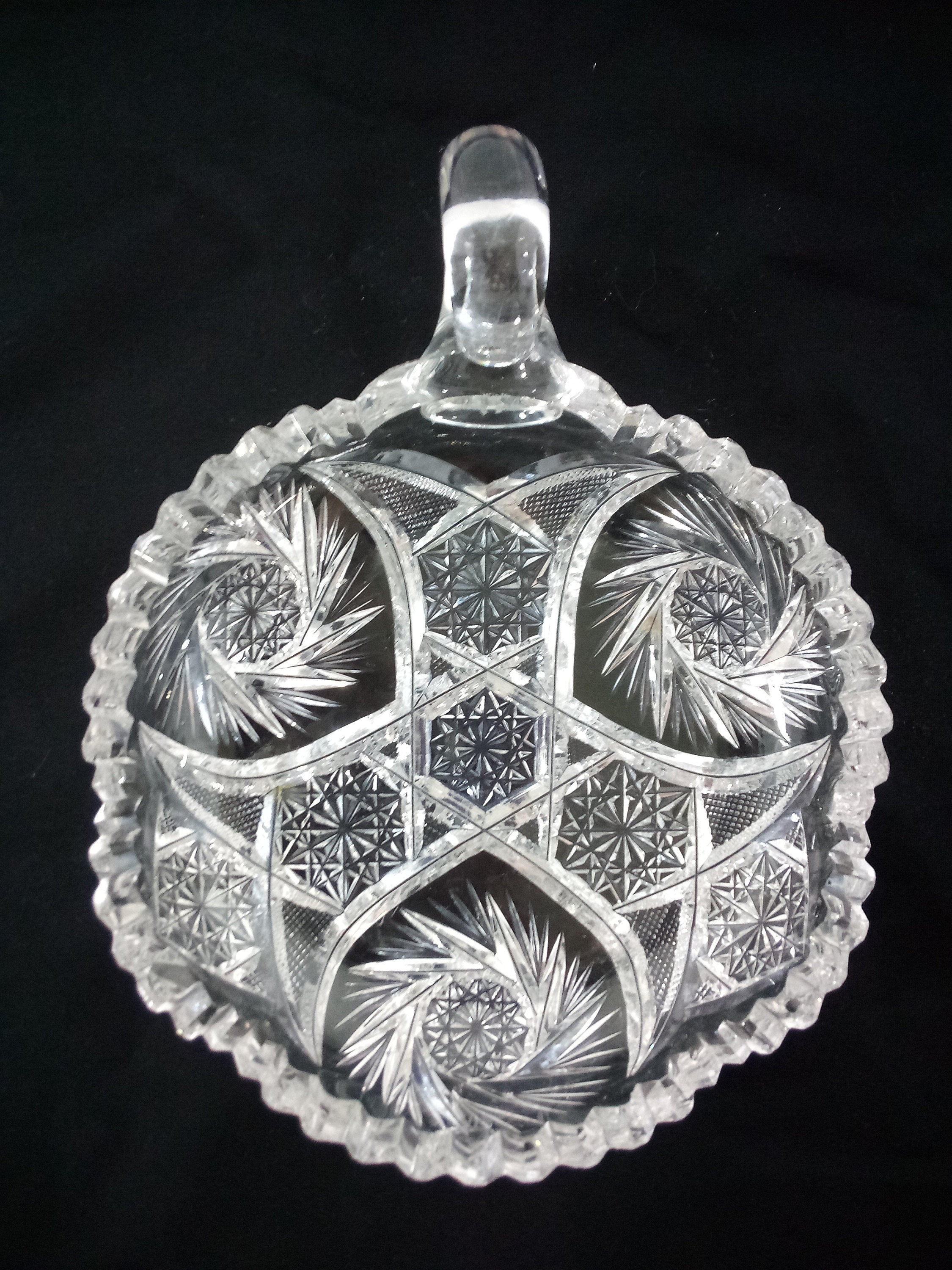 Antique Sawtooth Cut Glass Bowl With Handle Hobstar & Pinwheel ...