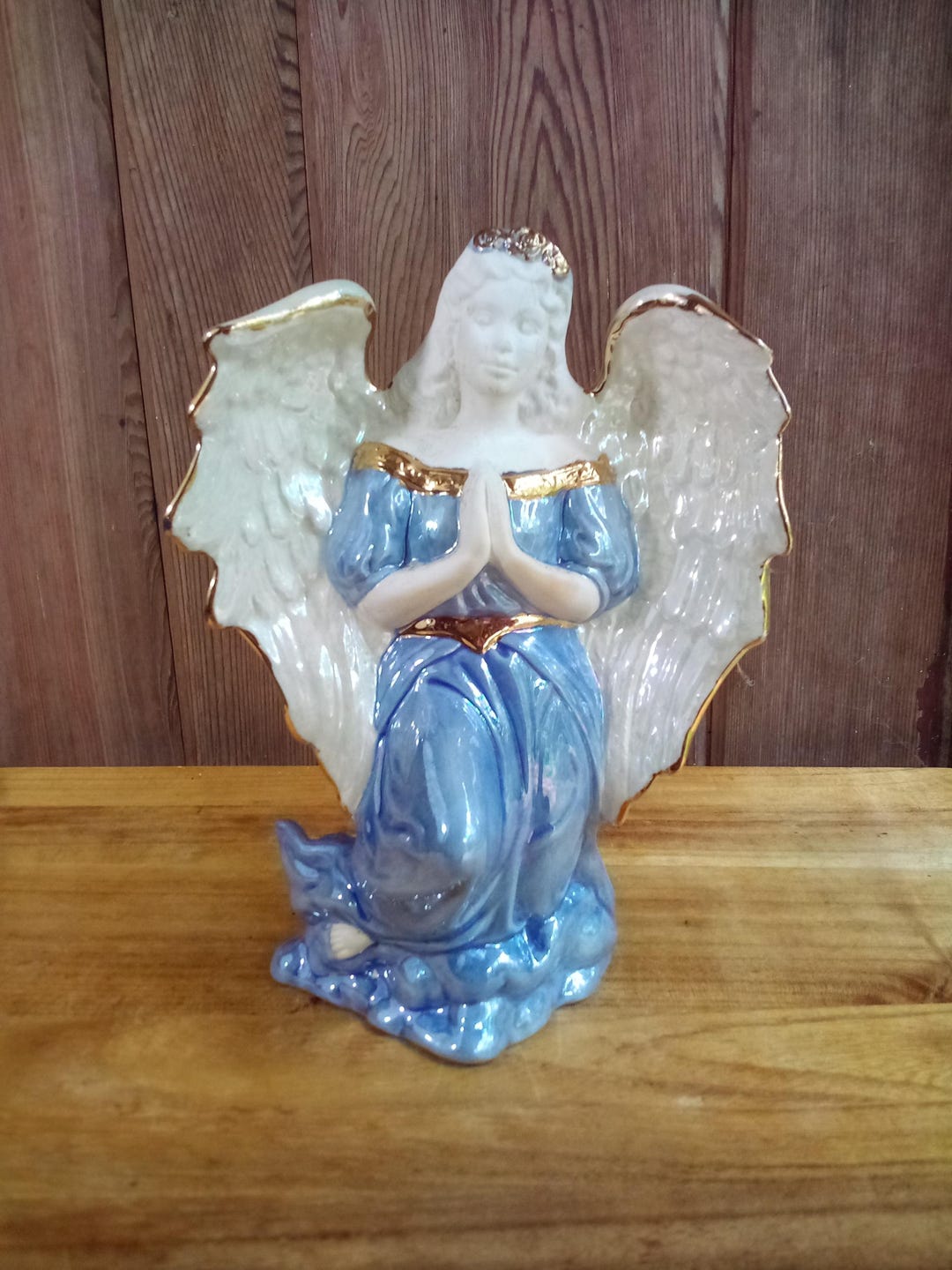Vintage Ceramic Blue Angel Figurine Praying Figurine / Approx. 9" X 6 1 ...