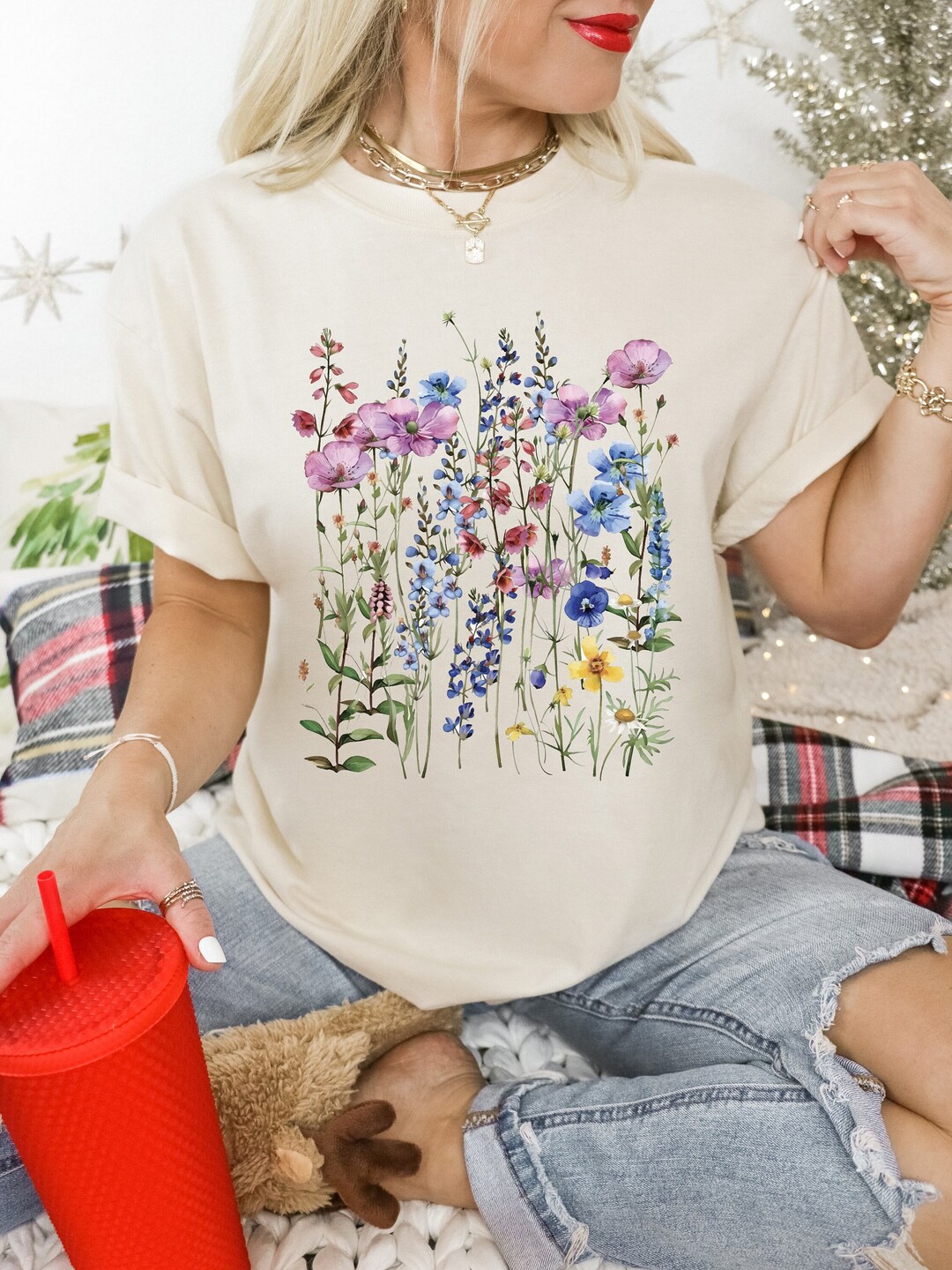 Comfort Colors® Flower Bouquet Shirt, Boho Wildflowers Cottagecore Shirt, Watercolor Flower ...