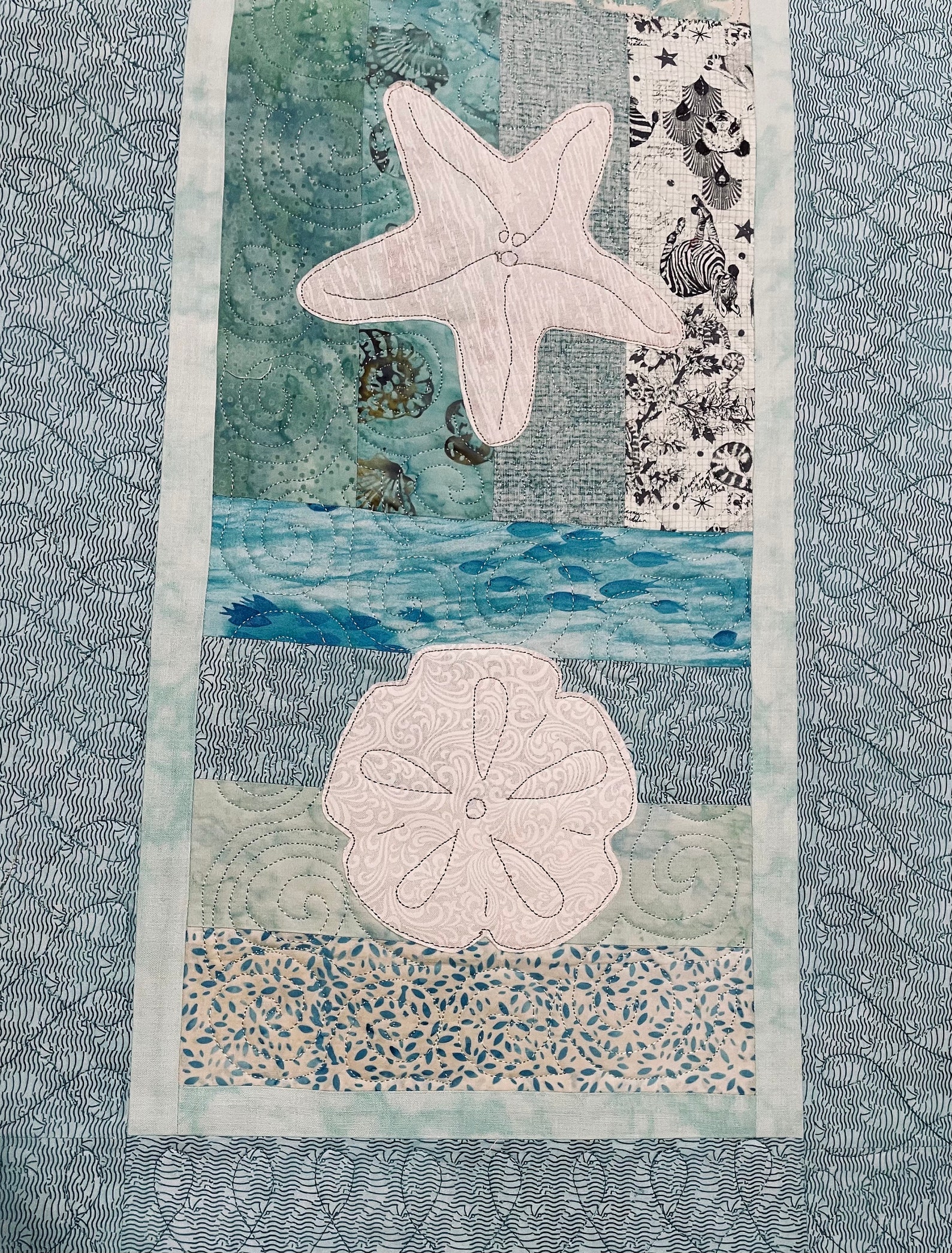 Seashells in Ocean Art Quilt Wall Hanging. Quilting Resembles Movement ...