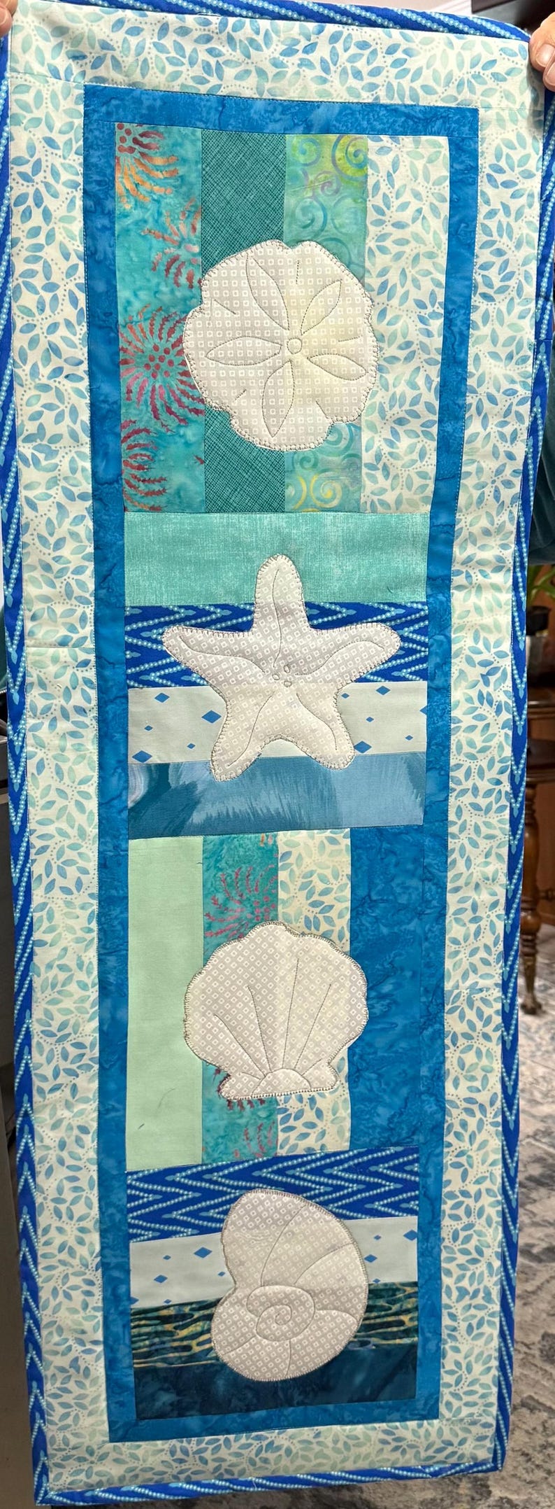 Seashells in Ocean Art Quilt Wall Hanging. Quilting Resembles Movement ...