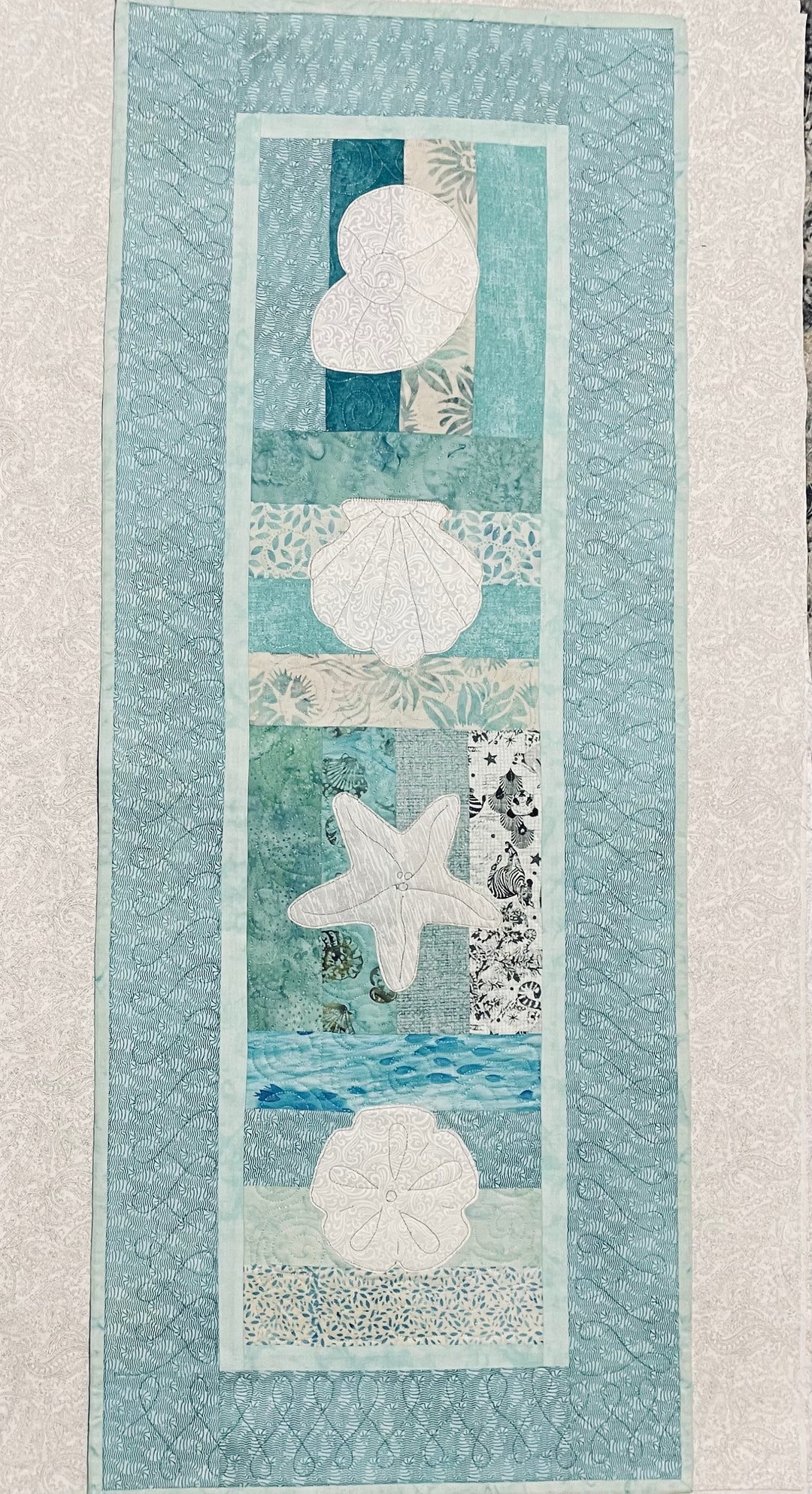 Seashells in Ocean Art Quilt Wall Hanging. Quilting Resembles Movement ...
