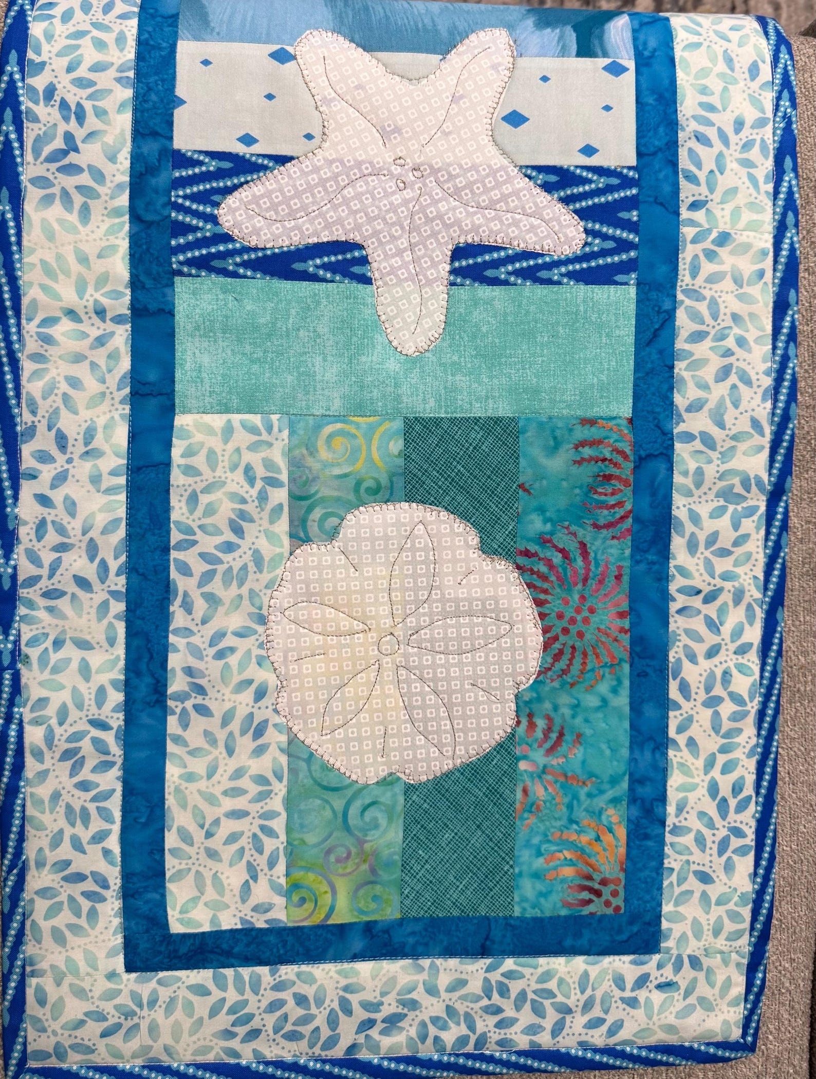 Seashells in Ocean Art Quilt Wall Hanging. Quilting Resembles Movement ...