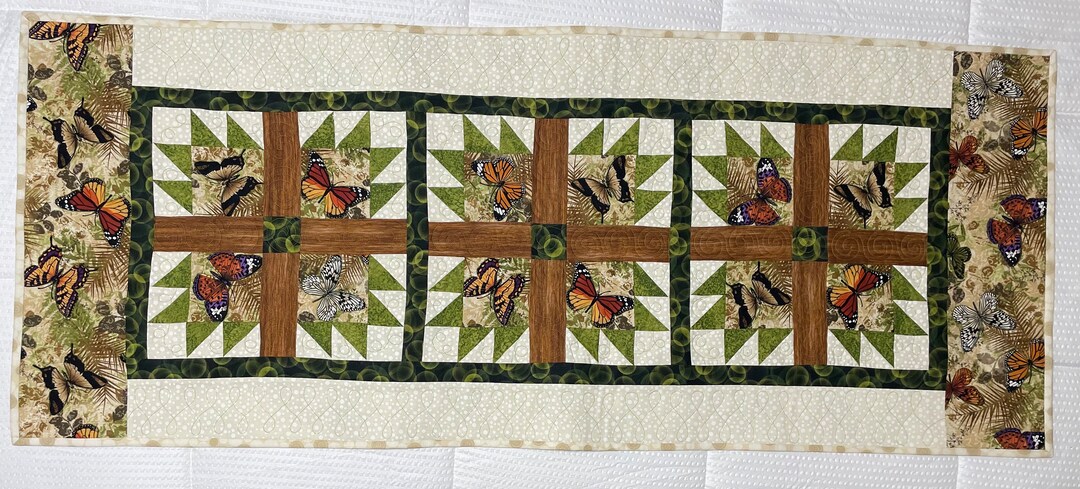 Beautiful Butterfly Table Runner. Green and Brown With Gold and Tan ...