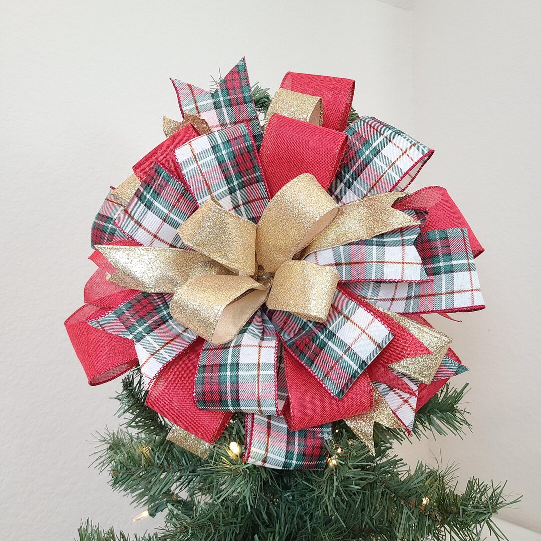 Festive Elegant Christmas Tree Topper Bow. Classic Plaid, Red, Gold ...