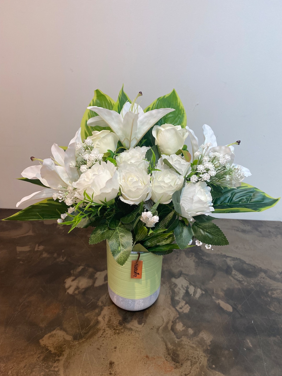 Silk Roses & Lily , Gypsum, Snowdrops Ivory White Green Ceramic Pot ...