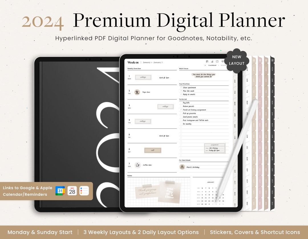 2024 Digital Planner Year Minimalist Vertical Dated Daily iPad Tablet ...