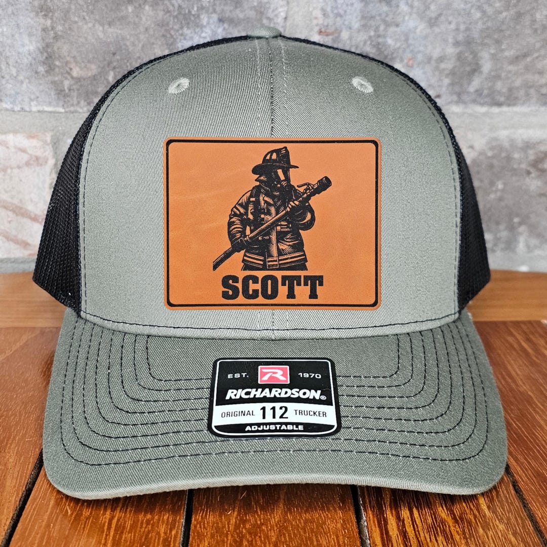 Personalized Firefighter Leather Patch Trucker Hat With Name ...