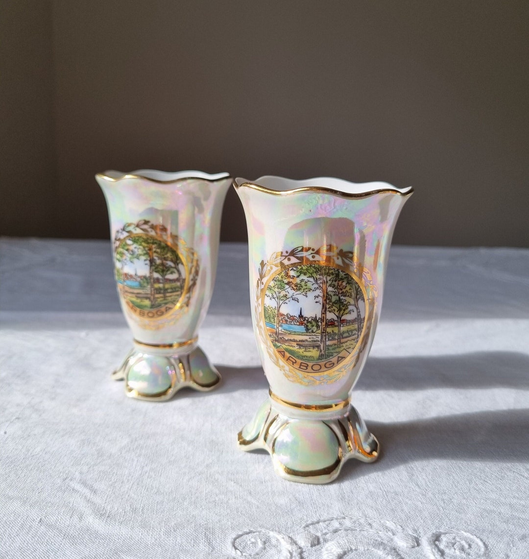 Vintage Porcelain Mini Vase Set of 2, Souvenir Vases, Gold Decor ...