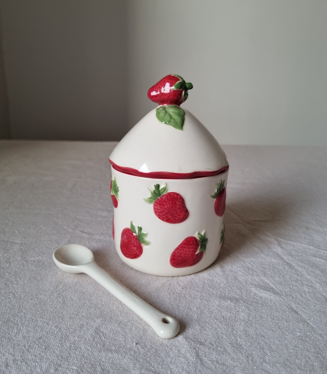 Ceramic STRAWBERRY Jam Jar, Majolica Elegant Marmalade Storage Canister ...