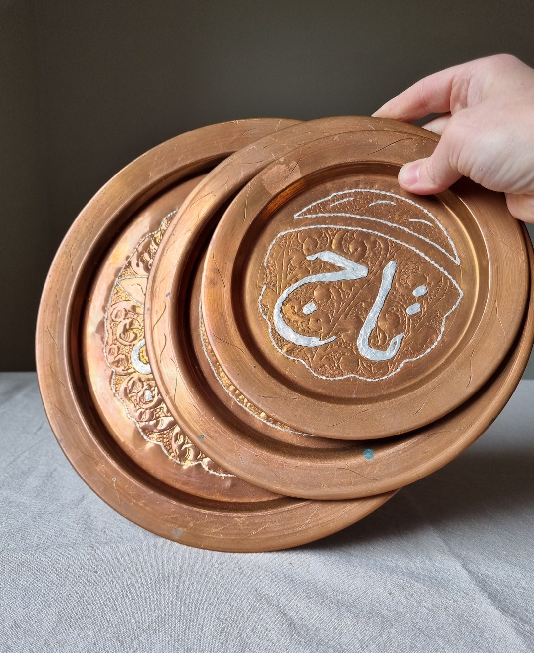 Vintage Copper Plaques, Set of 3 Handmade Round Copper Tins ...