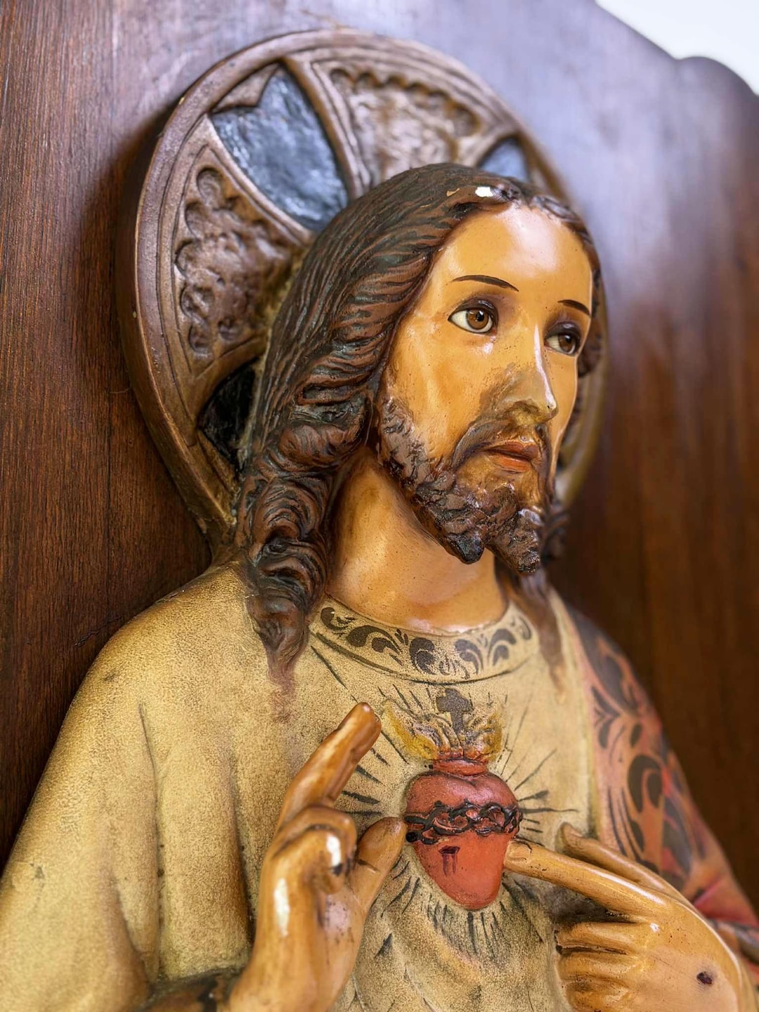 Colorful Glazed Jesus Sacred Heart Bust, Half Statue Religious Figurine ...