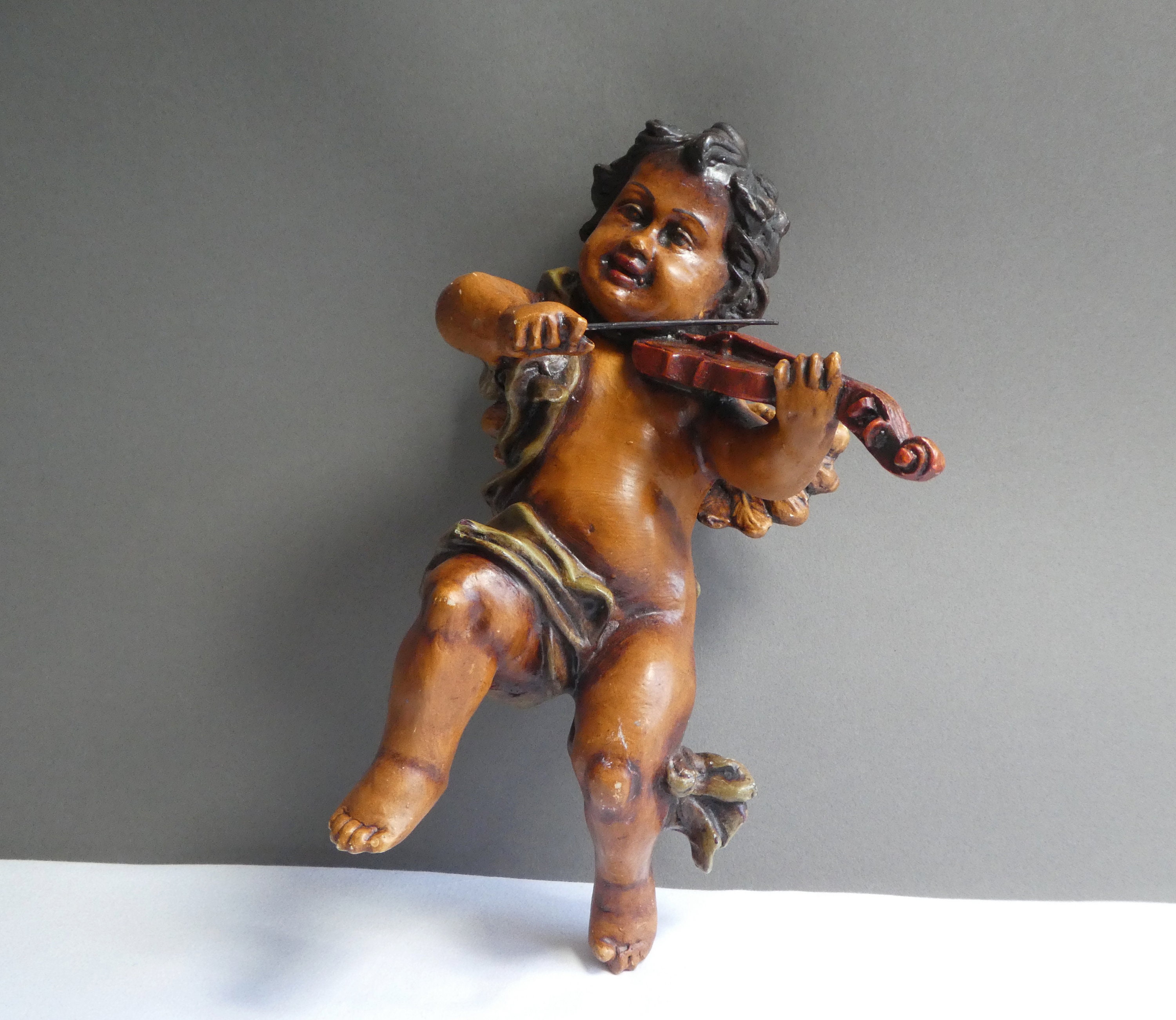 Baroque Italian Polychrome Cherub Putti With Violin, Vintage Small ...