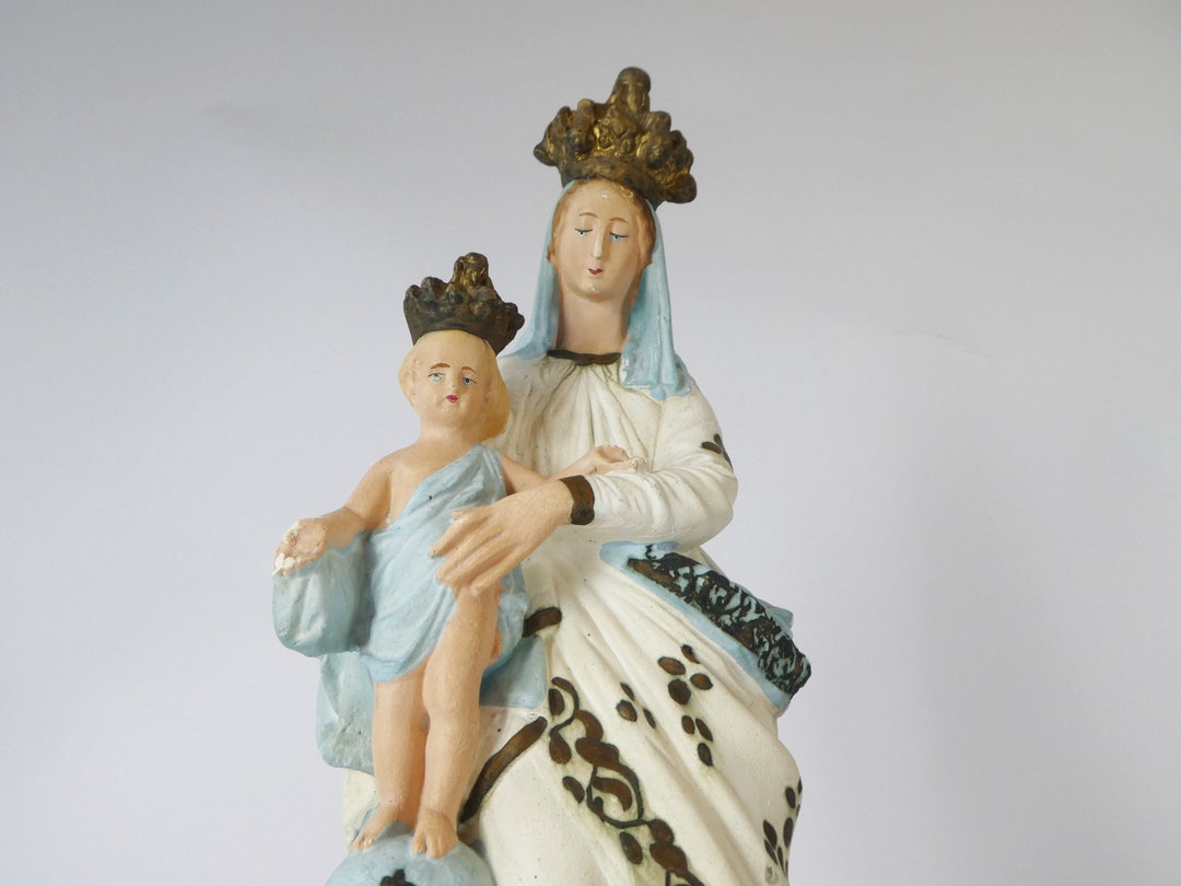 Wonderful Antique Mary Statue in Blue and Gold With Baby Jesus ...